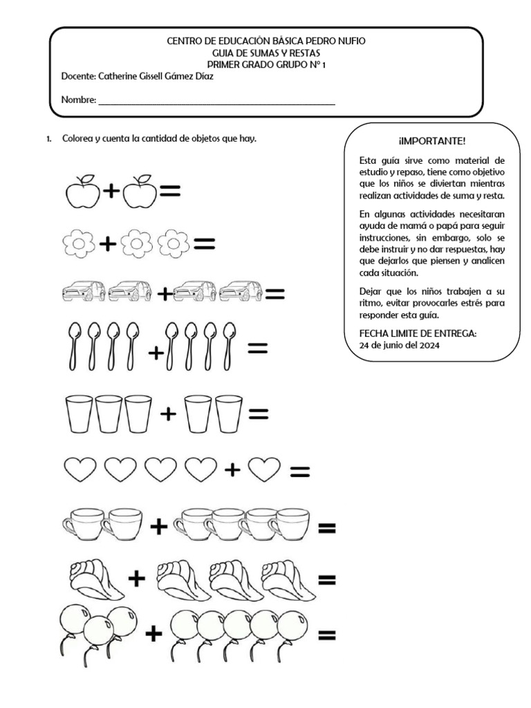 Guía de Sumas y Restas para Primer Grado | PDF