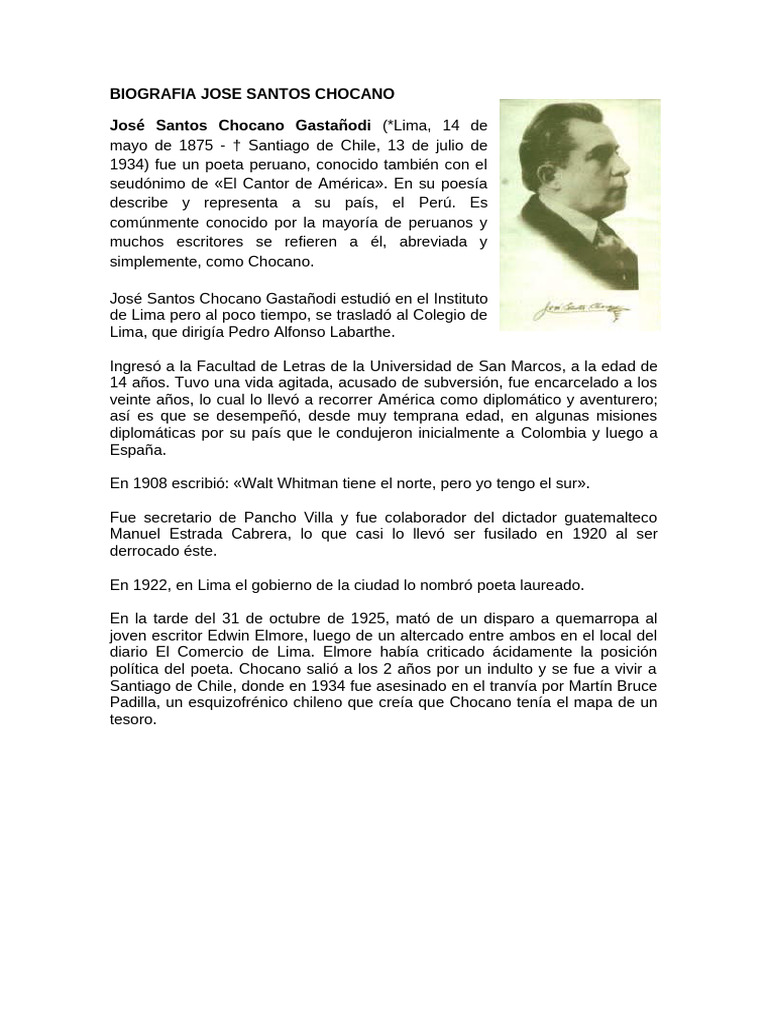 Biografía de José Santos Chocano | PDF