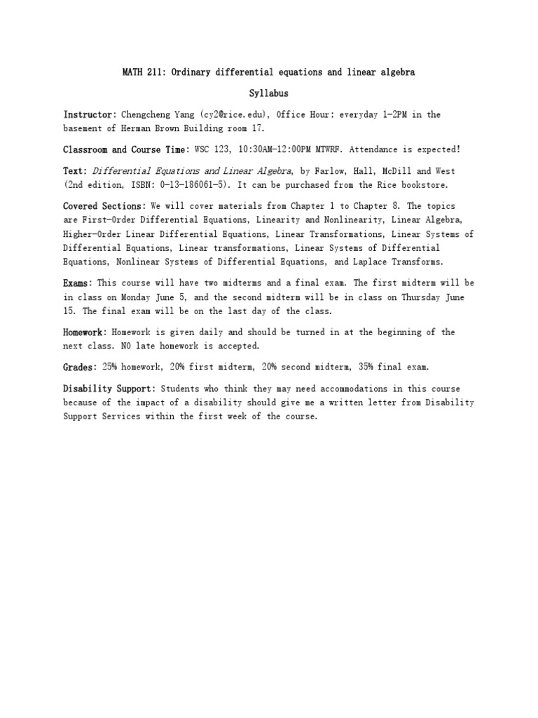 MATH 211 Syllabus: Differential Equations | PDF