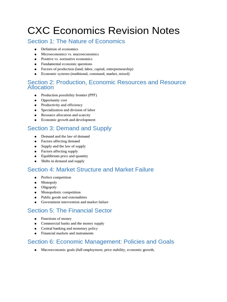 CXC Economics Revision Notes Guide | PDF