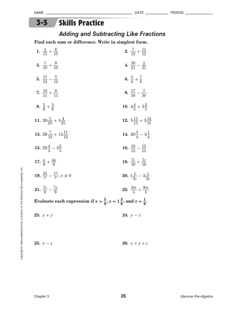 3-5 Adding and Subtracting Like Fractions | PDF | Chess Theory | Chess ...