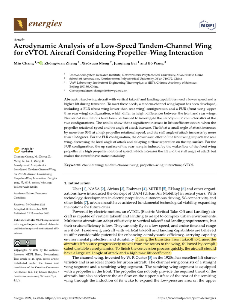 Aerodynamic Analysis of a Low-Speed Tandem-Channel Wing for EVTOL ...