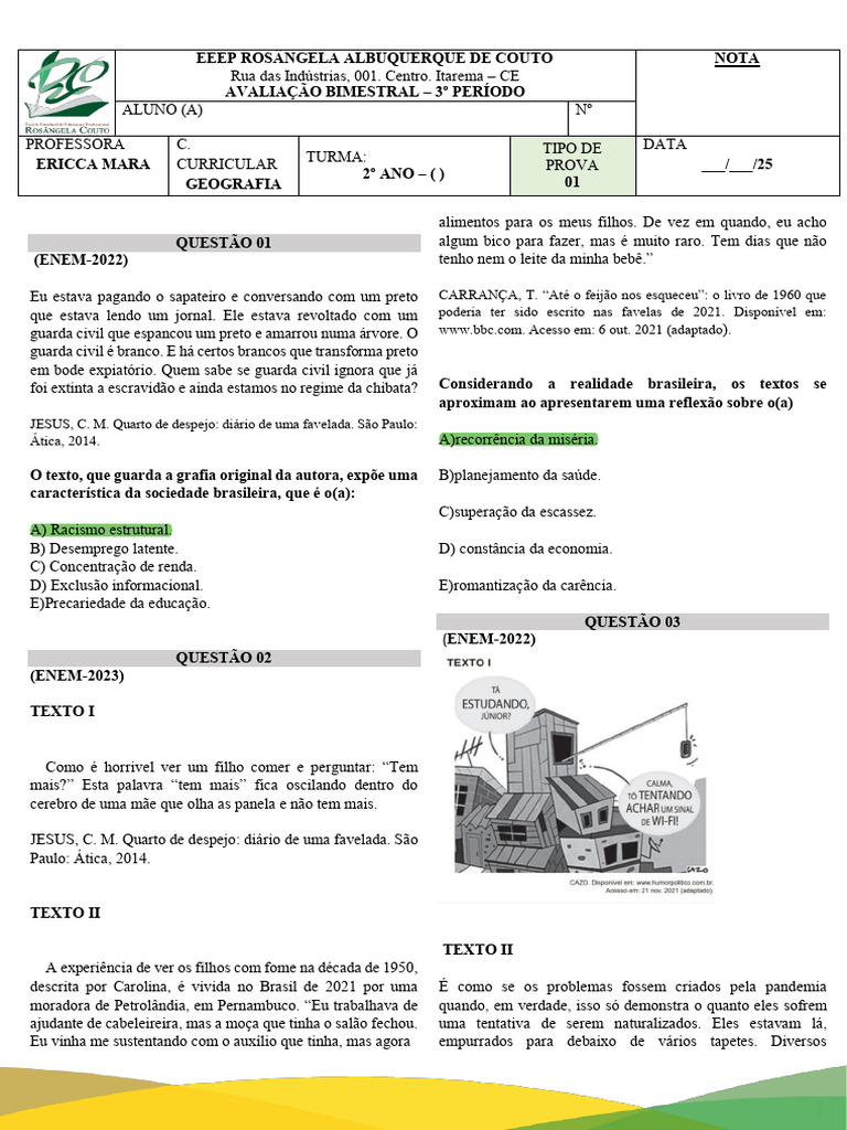 Prova 2ºano Geo 2025 | PDF | Cidade | Geografia