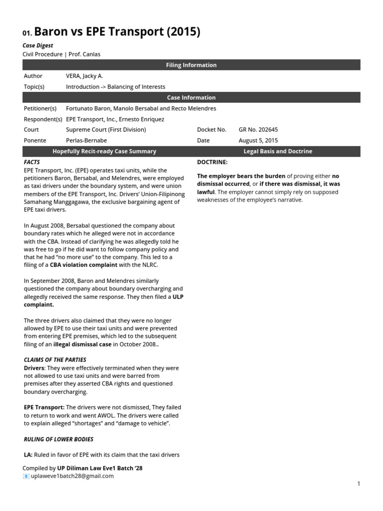 01_Labor2_Baron vs EPE Transport (2015)_Vera | PDF | Burden Of Proof ...