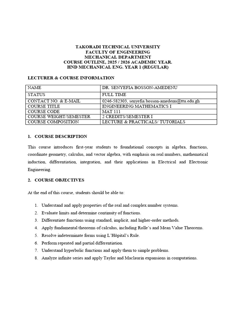 Engineering Mathematics I Course Outline | PDF | Derivative | Function ...
