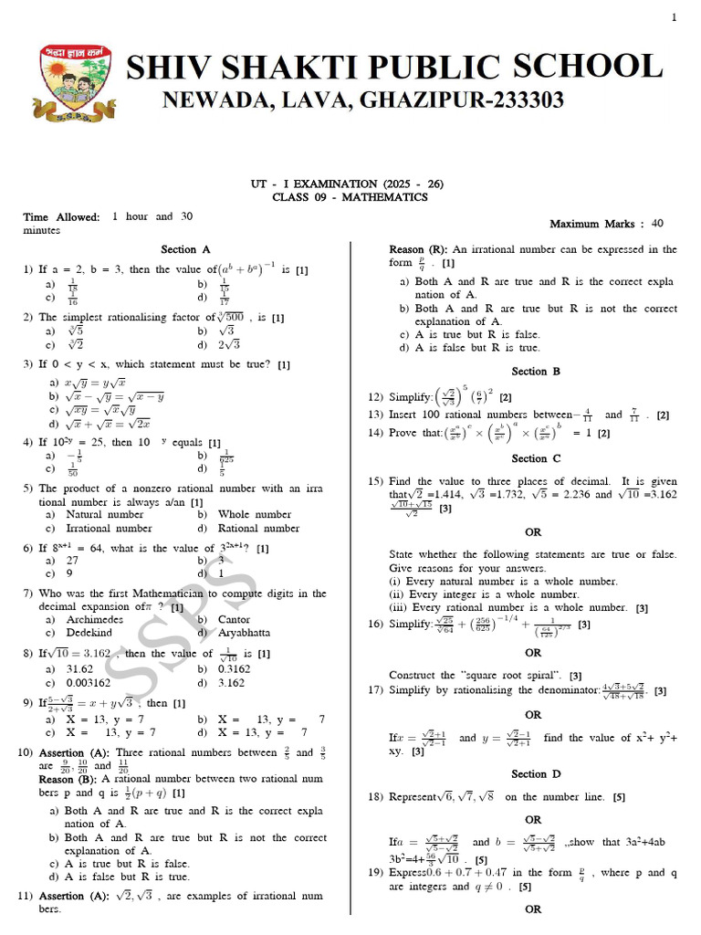 Class 9th Math Print | PDF | Square Root | Mathematics