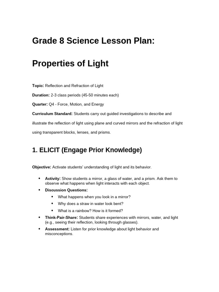 Grade 8 Light Reflection & Refraction Plan | PDF | Mirror | Reflection ...