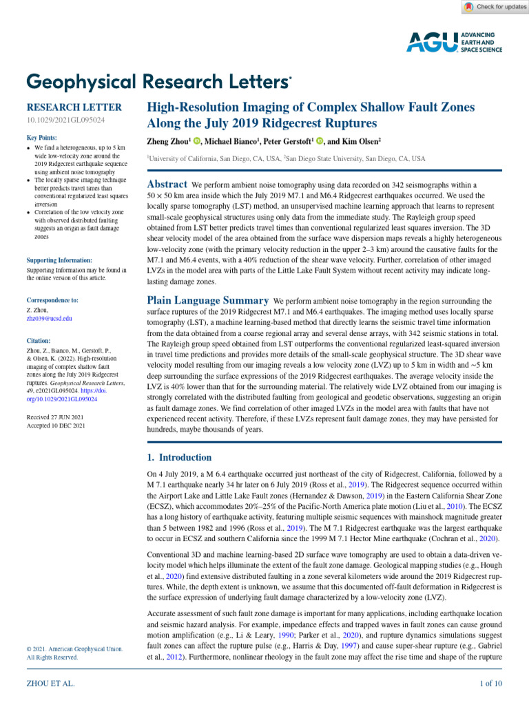 Geophysical Research Letters - 2021 - Zhou - High‐Resolution Imaging of ...