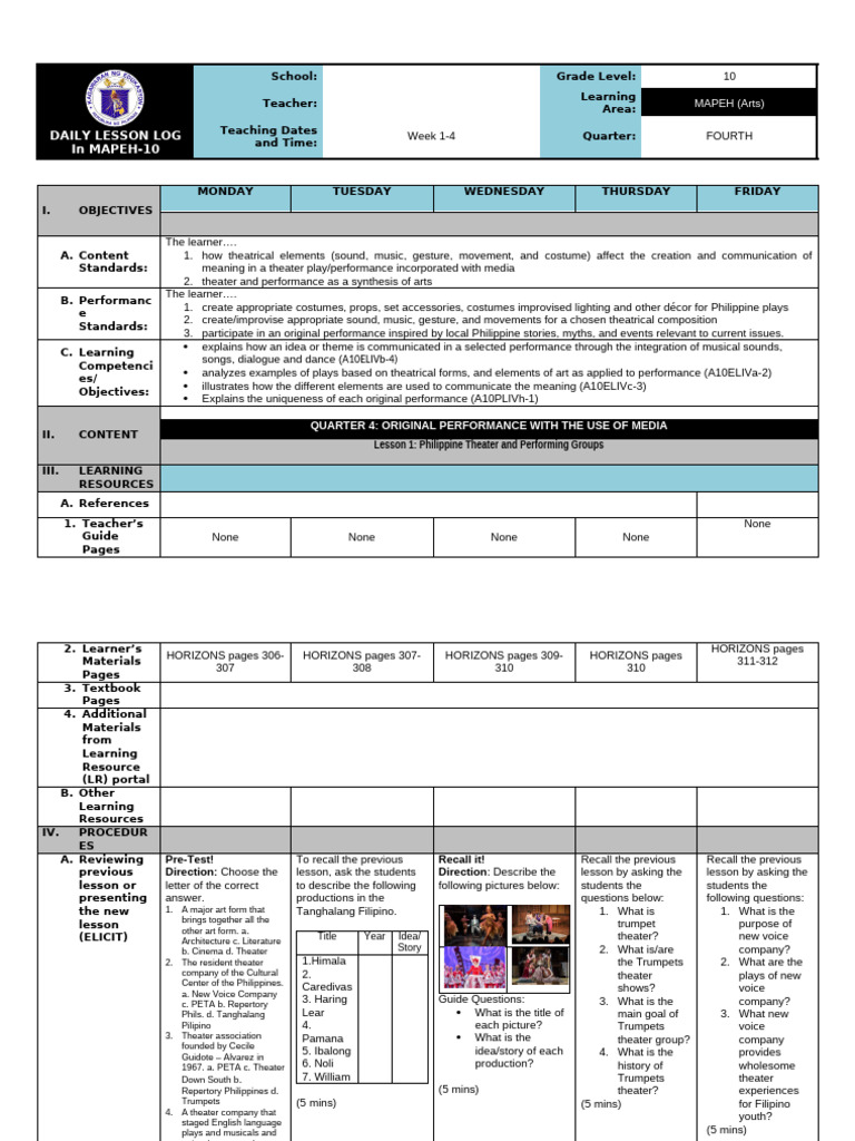 Q4 DLL-MAPEH 10_Arts-Wk1-4 | PDF