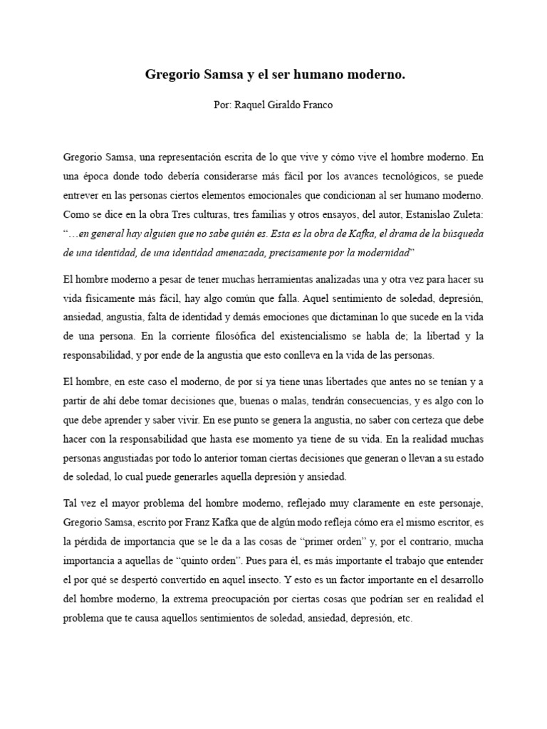 Gregorio Samsa y el ser humano moderno. RGF | PDF | Soledad | Franz Kafka
