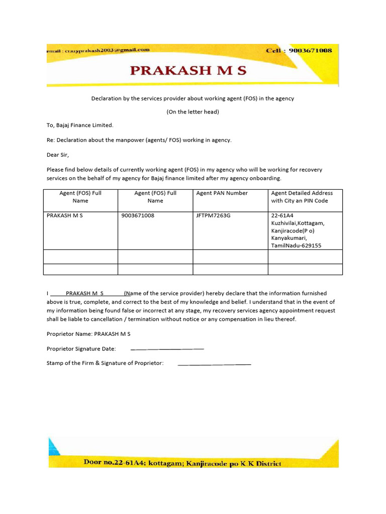 Declaration by the Services Provider About Working Agent,KOTAGAM | PDF