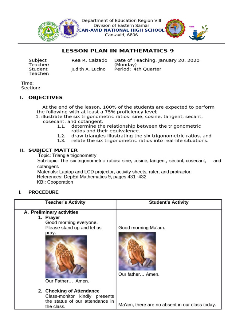 Trigonometric Ratios Lesson Plan | PDF | Trigonometric Functions ...