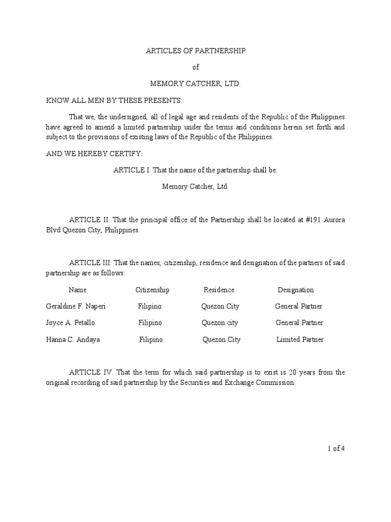 Articles of Partnership | Partnership | Limited Partnership