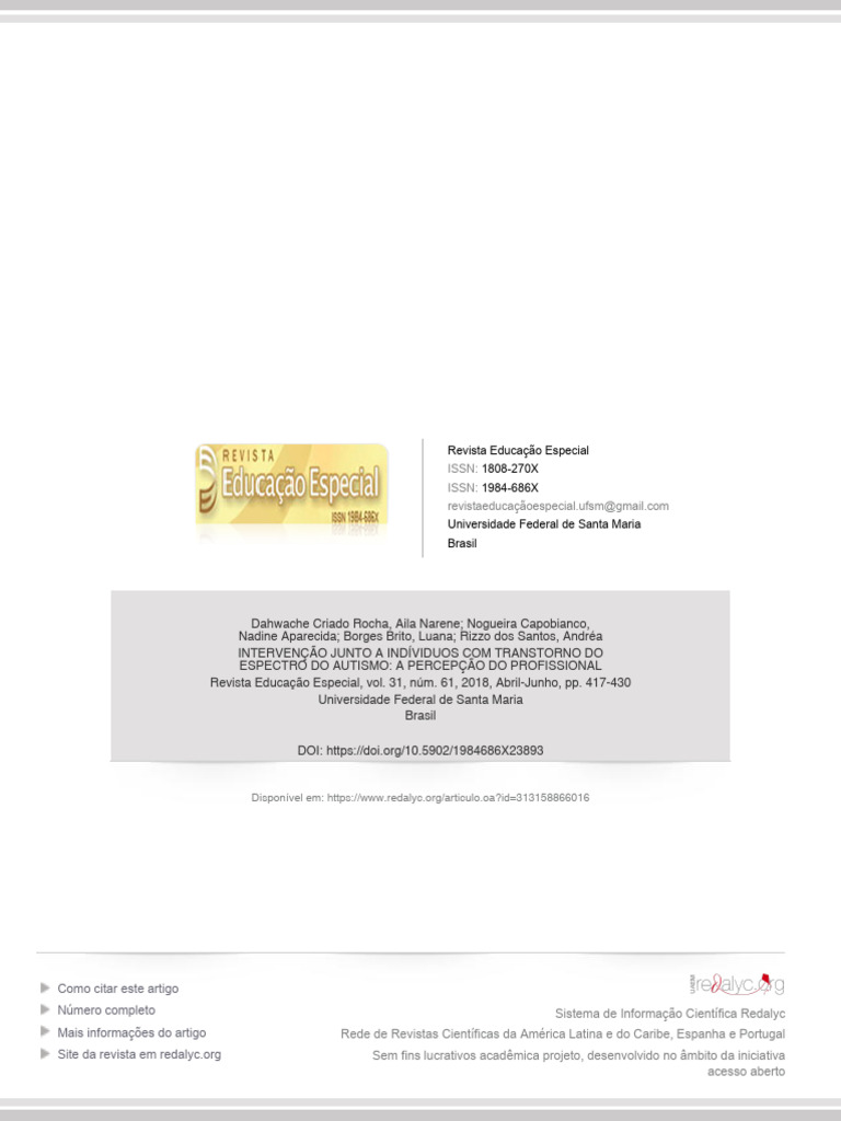 Intervenção Junto a Indíviduos Com Tea a Percepção Do Profissional ...