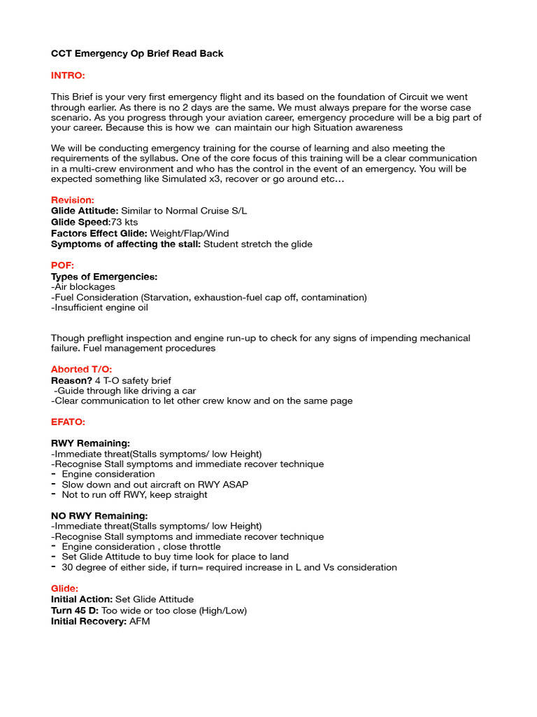 CCT Emergency Op Brief Read Back | PDF | Transport Safety | Aviation Safety