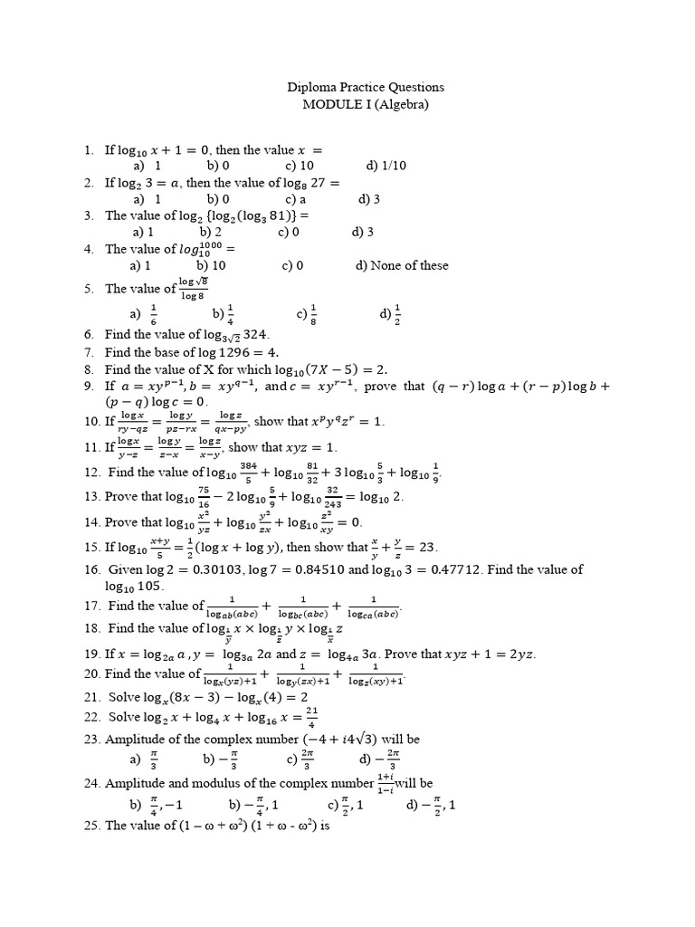 Algebra Diploma Practice Questions | PDF | Algebra | Number Theory