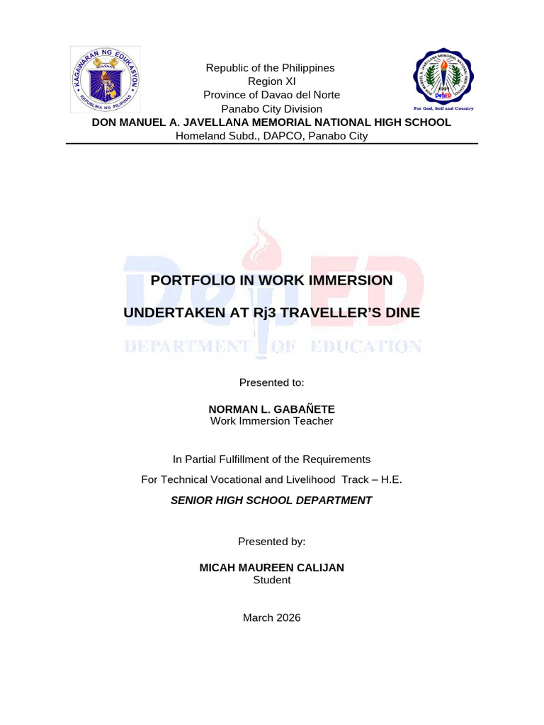 Work Immersion Portfolio: RJ3 Dine | PDF | Restaurants | Learning