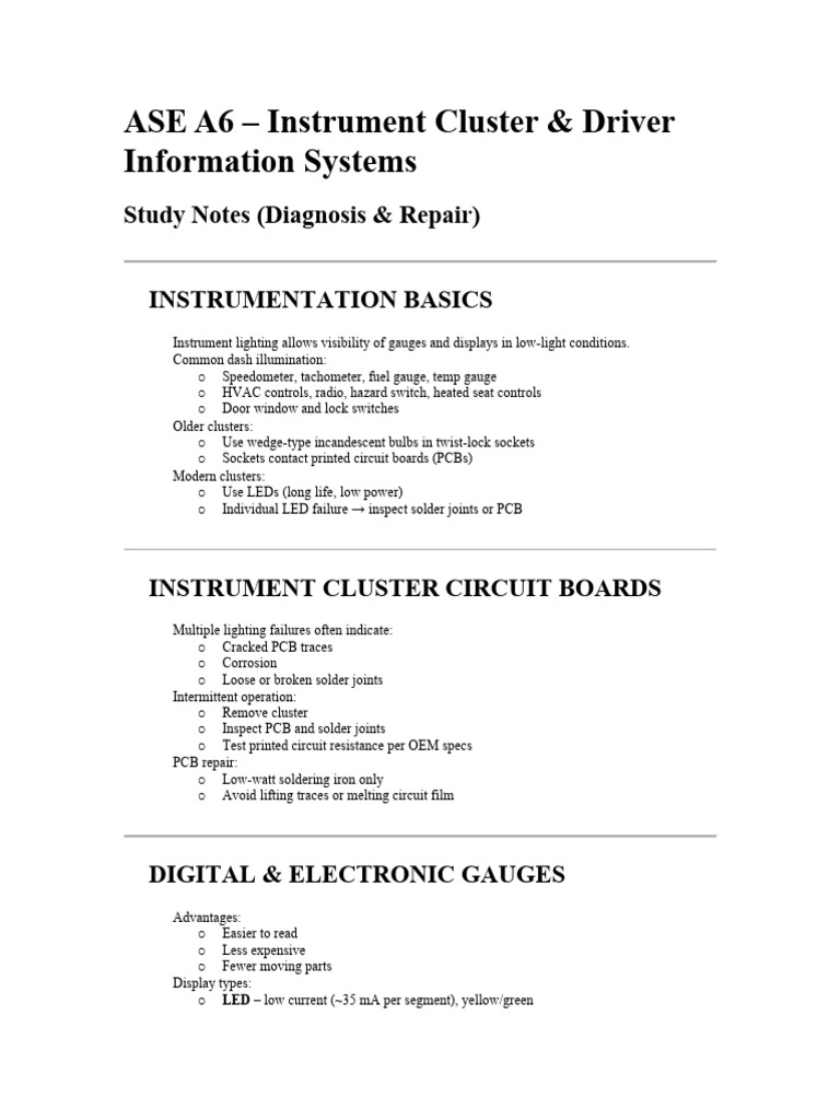 ASE A6 Instrument Cluster Study Guide | PDF | Printed Circuit Board ...