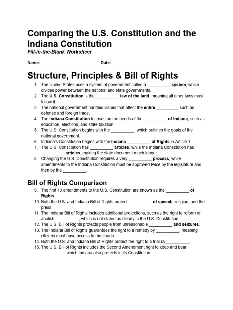 U.S. vs. Indiana Constitution Worksheet | PDF | United States Bill Of ...