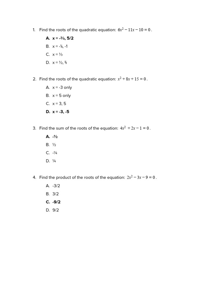 Algebra - Quadratic Equations and Functions Answer Key-1 | PDF ...