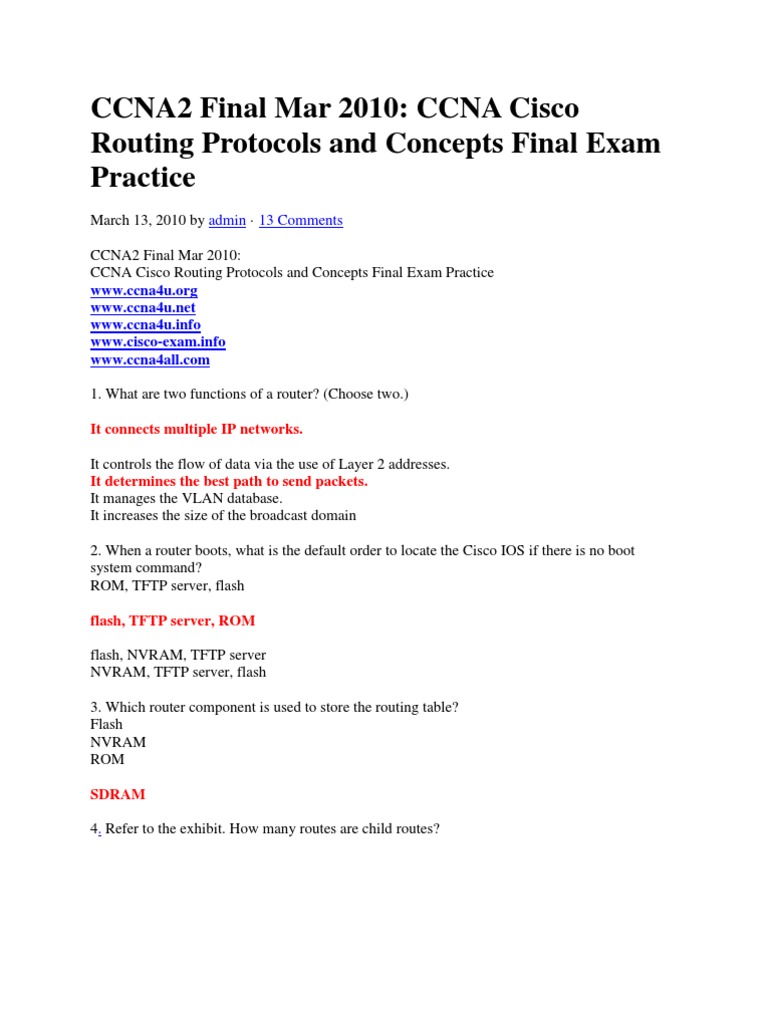 Ccna2 Final Mar 2010 Ccna Cisco Routing Protocols And Concepts Final