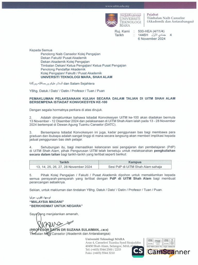 6. Surat Pemakluman PTJ Berkenaan Kuliah Dalam Talian | PDF