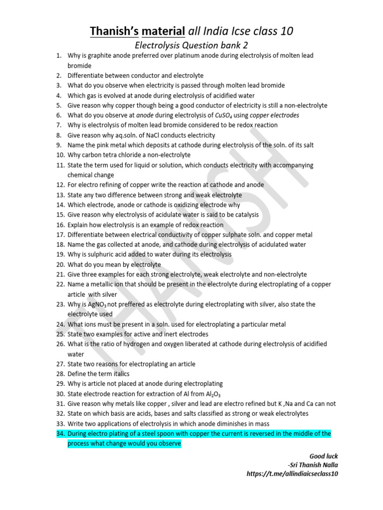 Electrolysis Question Bank 2 FROM Pyqs , Sample Papers , Preboard ...