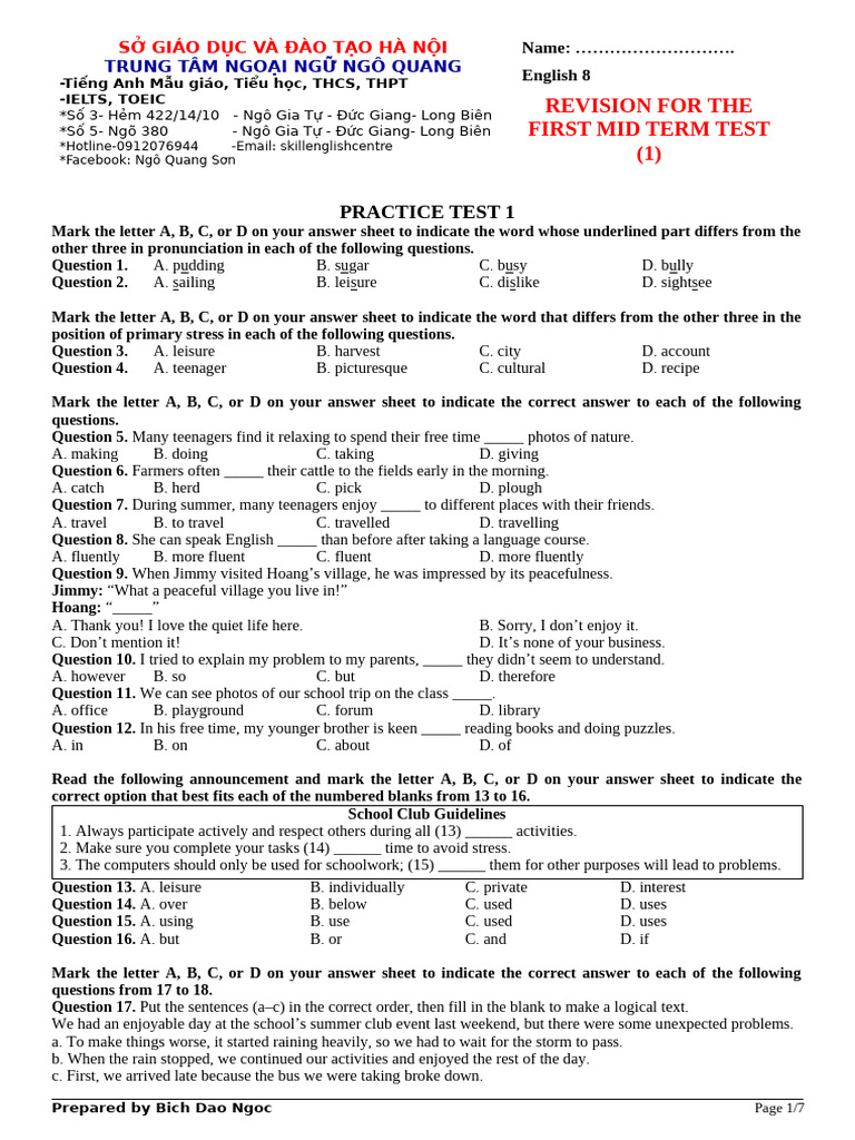 Revision for the First Mid Term Test (1) 2025 | PDF | Adolescence