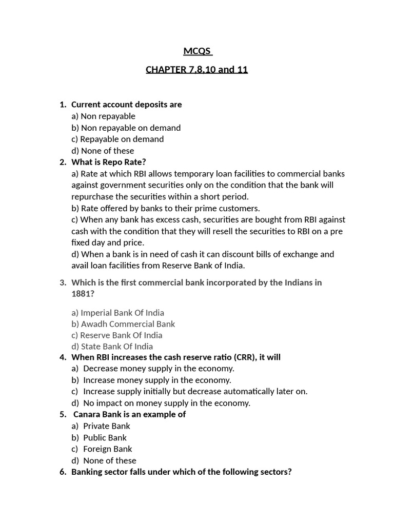 Class 10 Eco Mcqs 7,8,10 and 11 | PDF | Taxes | Banks