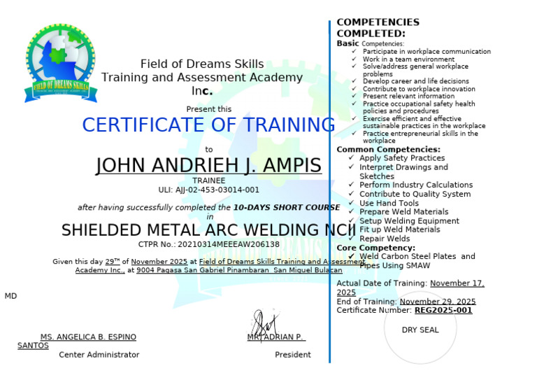 Regular Certificate - SMAW NCII | PDF | Welding | Construction