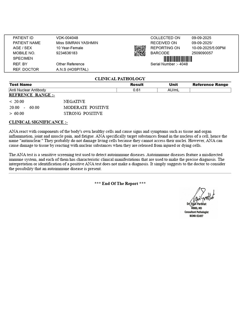 ANA Test Results for Autoimmune Screening | PDF