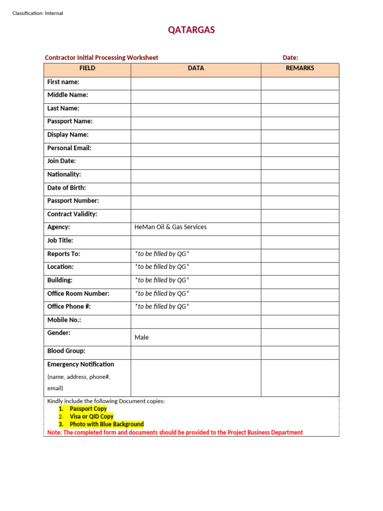 Contractor Processing Worksheet Template | PDF