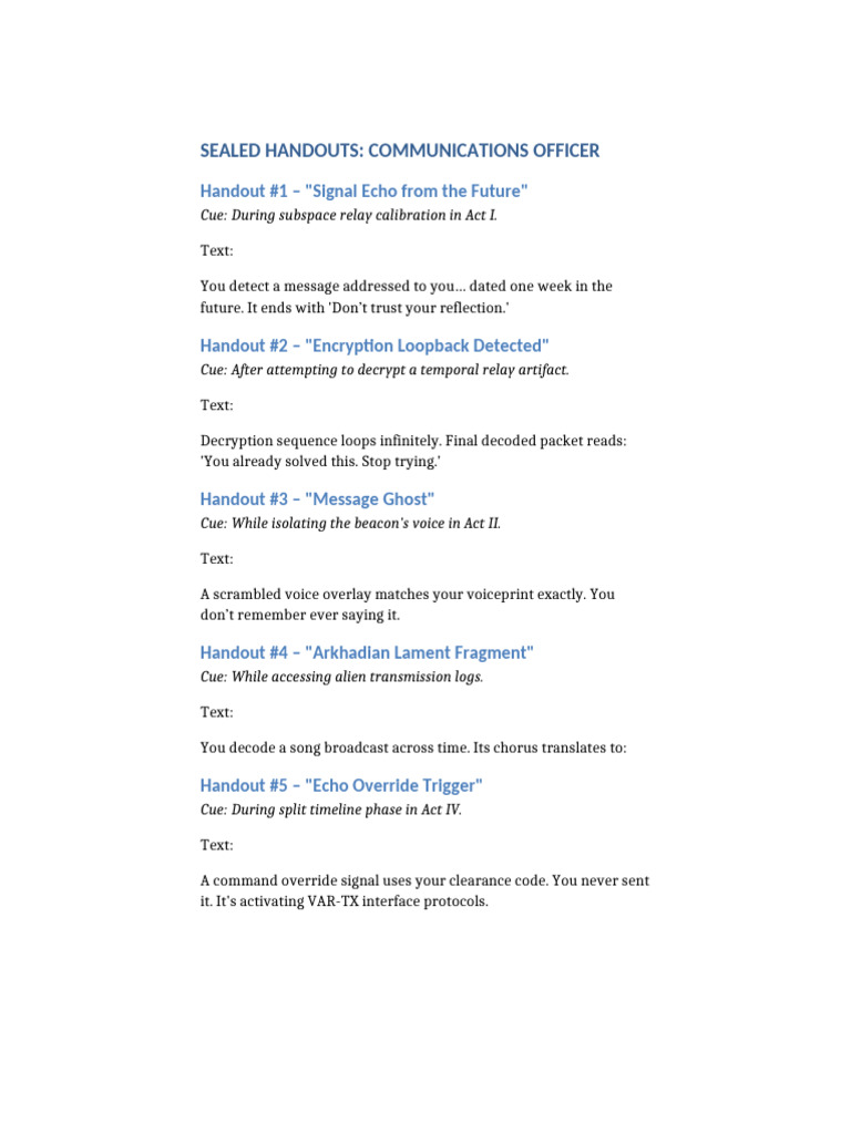 Arkhad Nine Communications Officer Handouts and Messages Additional 2 | PDF