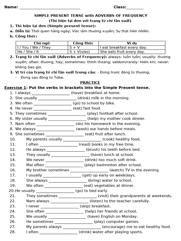 Simple Present Tense & Frequency Adverbs | PDF | Lunch | Linguistics