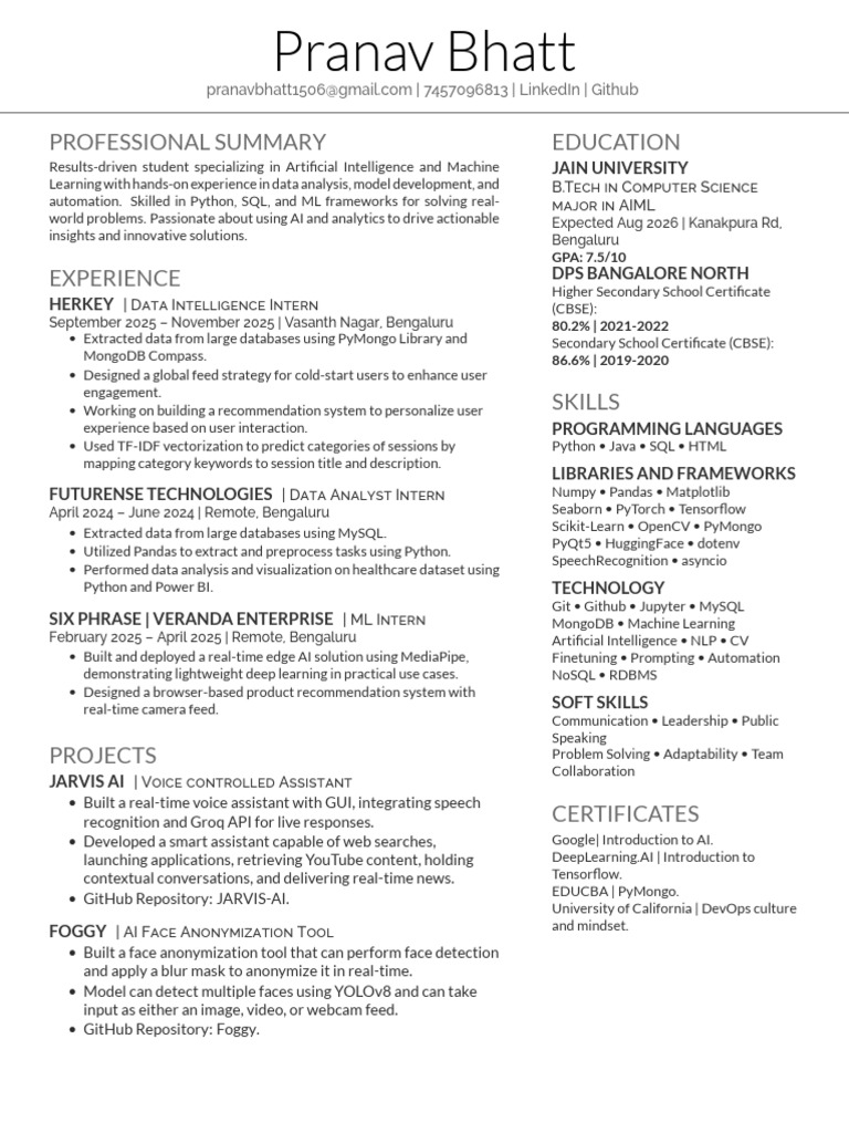 Pranav Bhatt Resume | PDF | Artificial Intelligence | Intelligence (AI ...