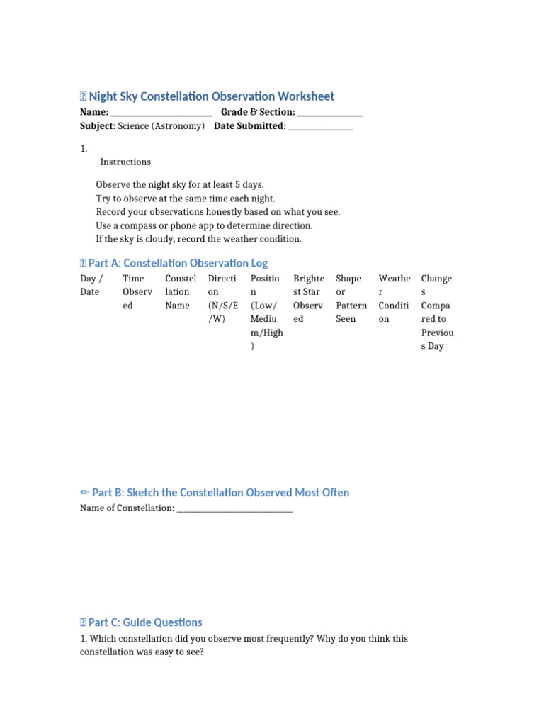 Night Sky Constellation Observation Worksheet | PDF