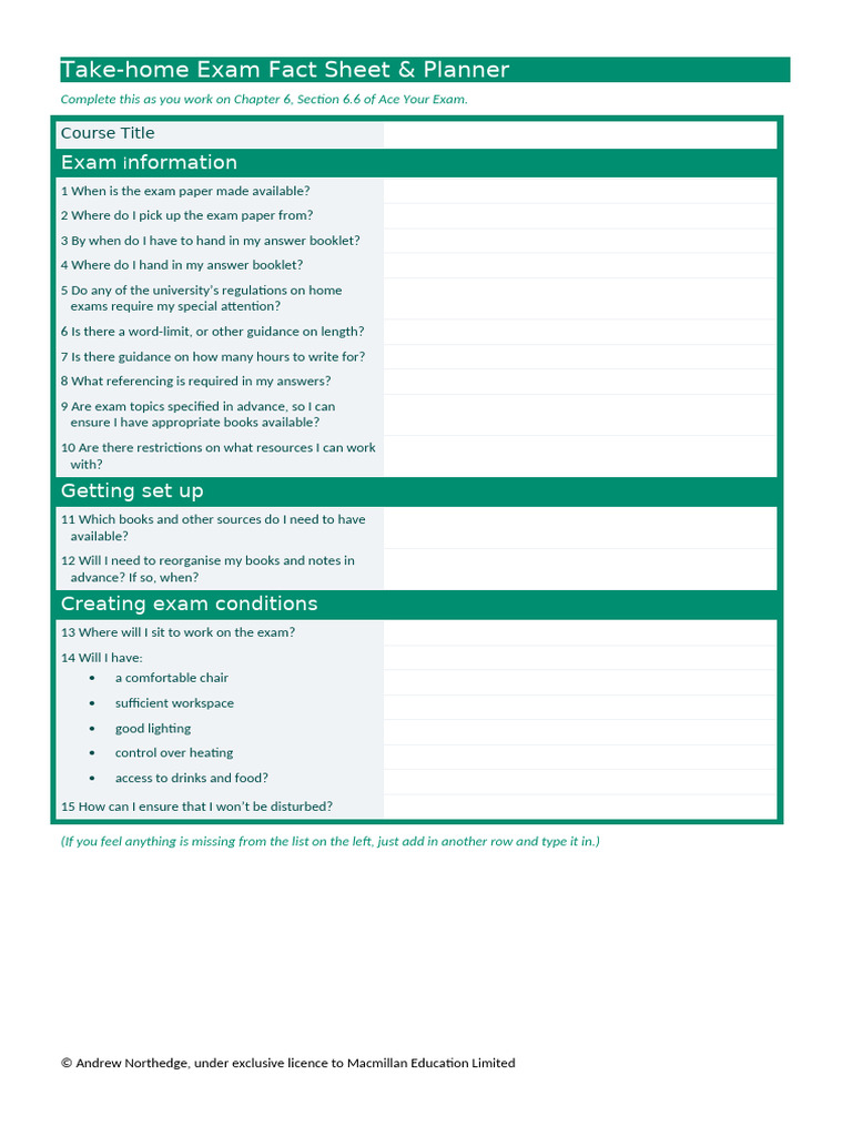 Take Home Exam Fact Sheet and Planner | PDF