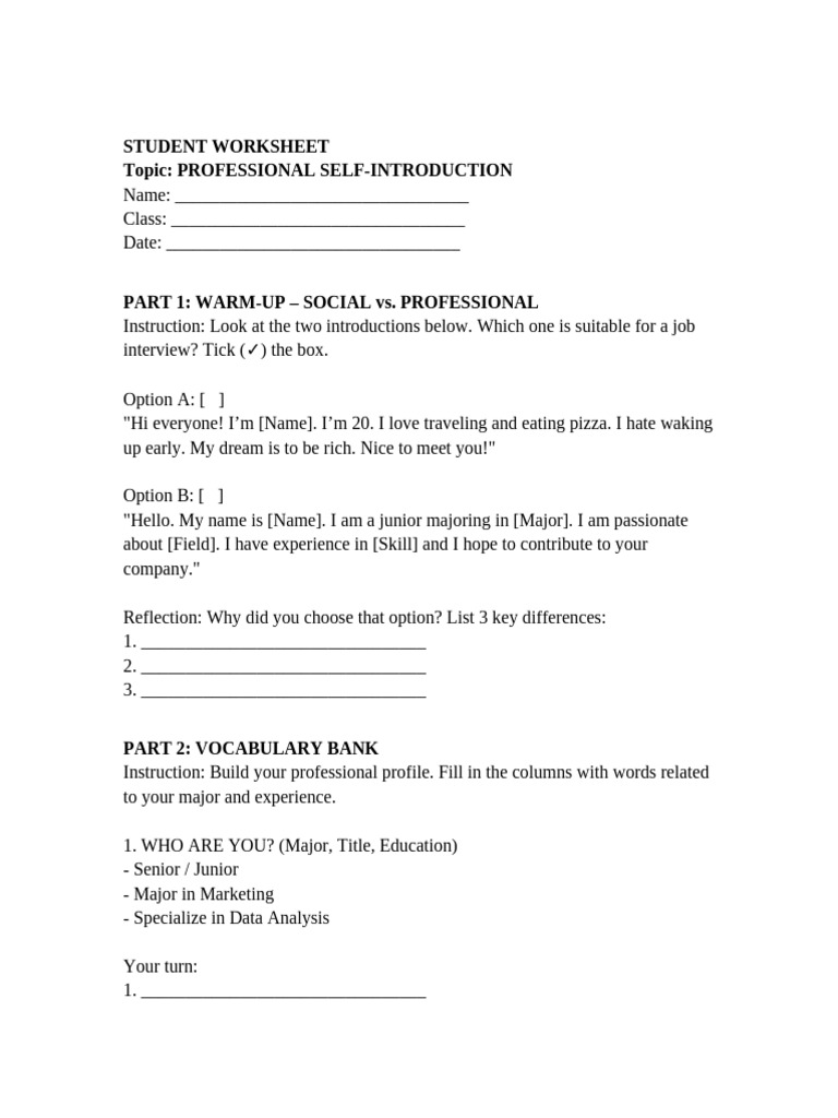 Professional Self-Introduction Worksheet | PDF | Linguistics | Languages