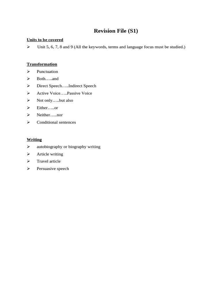 Revision File (S1) Final Exam(KDG) | PDF