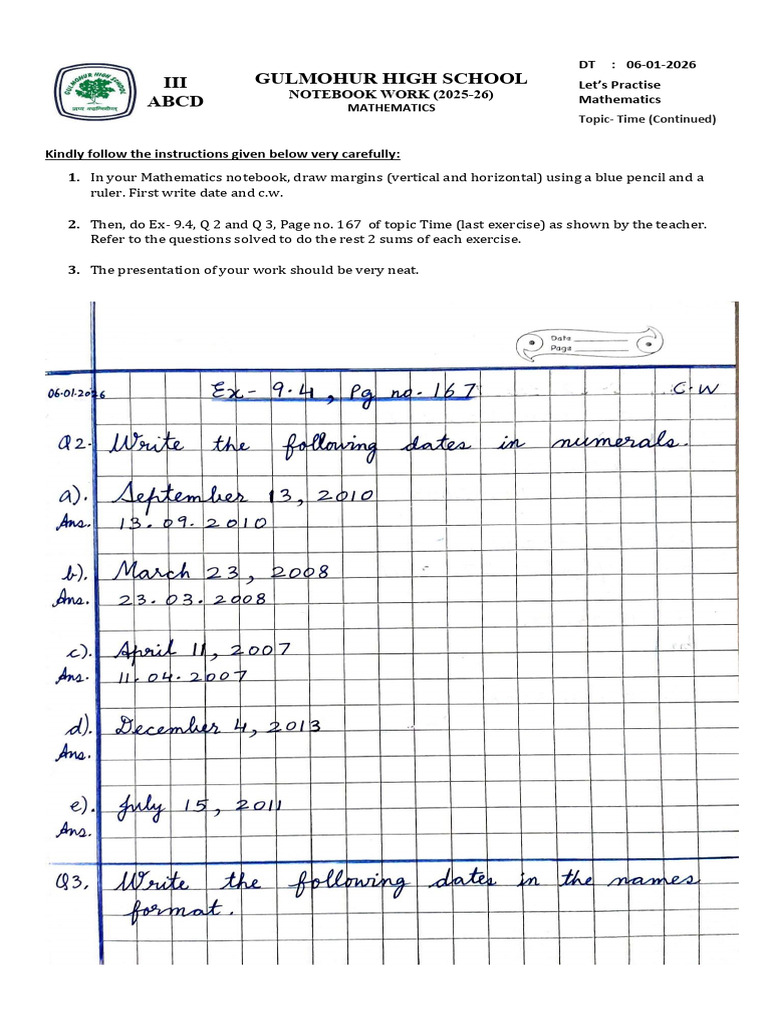 Std 3, Math Notebook Work, Dt- 06.01.2026 | PDF