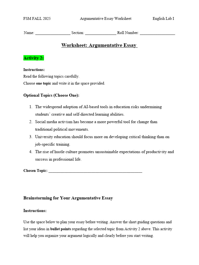 Argumentative Essay Planning Worksheet | PDF | Essays | Argument