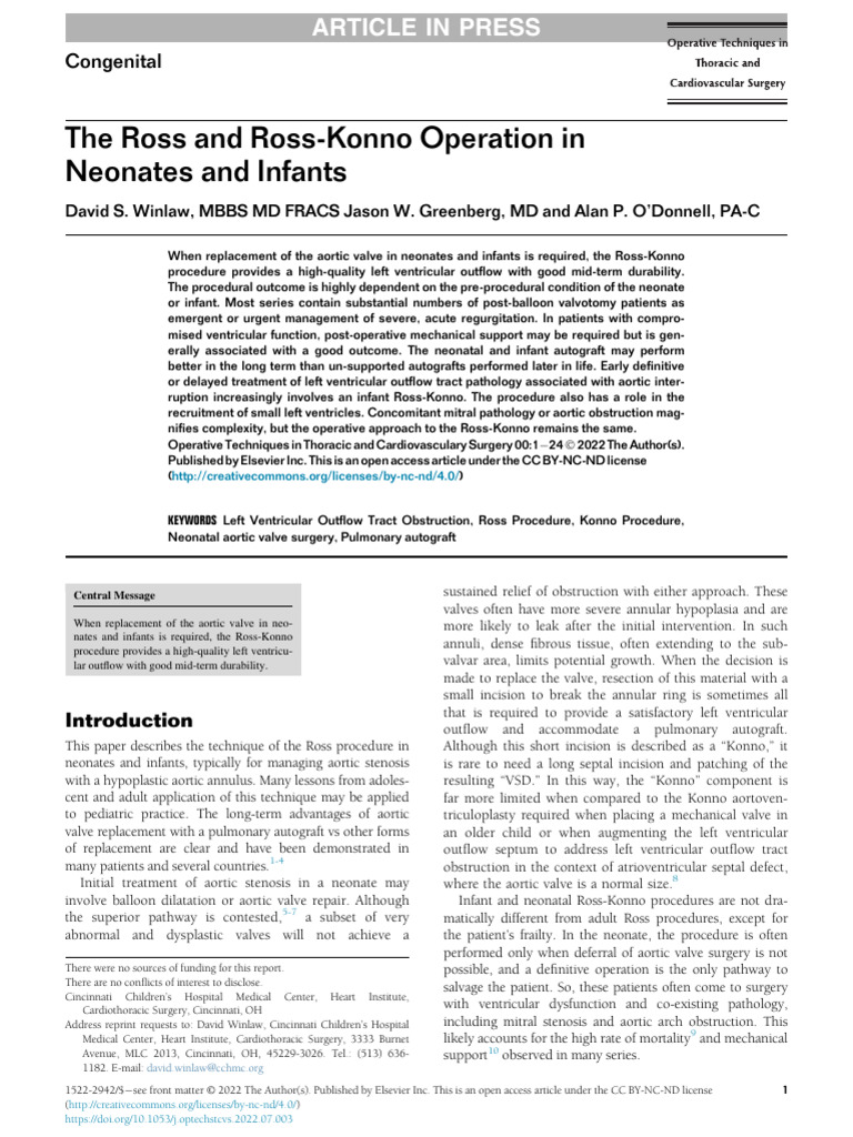 The Ross and Ross-Konno Operation in Neonates and Infants_2022 | PDF ...