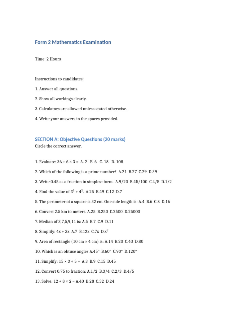 Form 2 Mathematics Exam Questions | PDF | Area | Elementary Mathematics