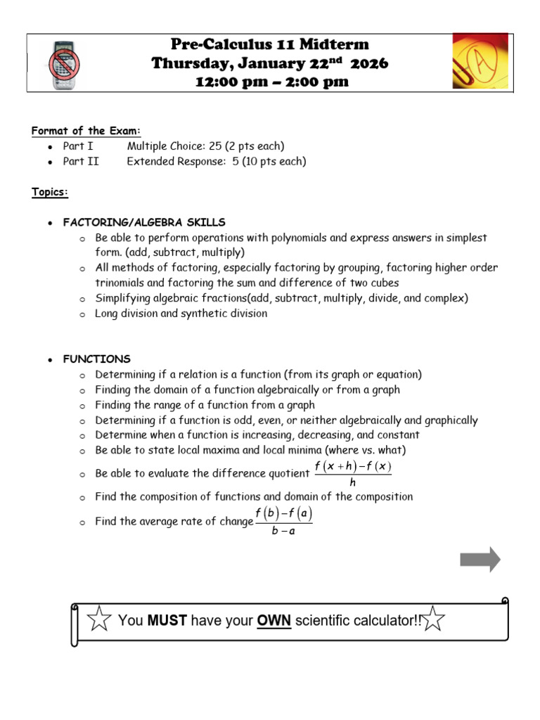 Pre-Calculus 11 Midterm Exam Guide | PDF | Polynomial | Factorization