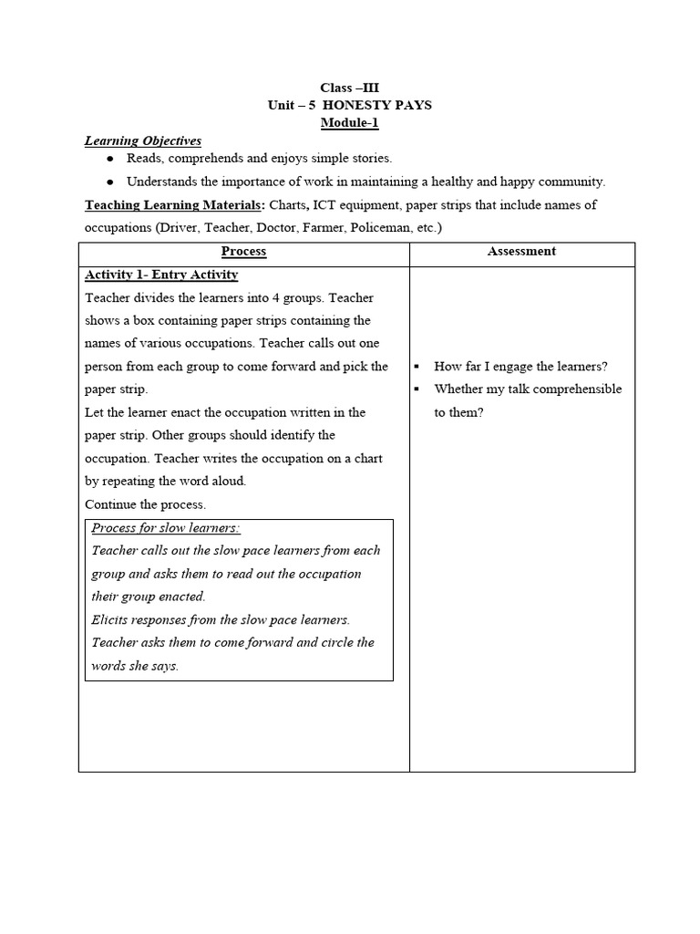 Sample TM-Class –III - Unit 5 | PDF | Teachers | Learning