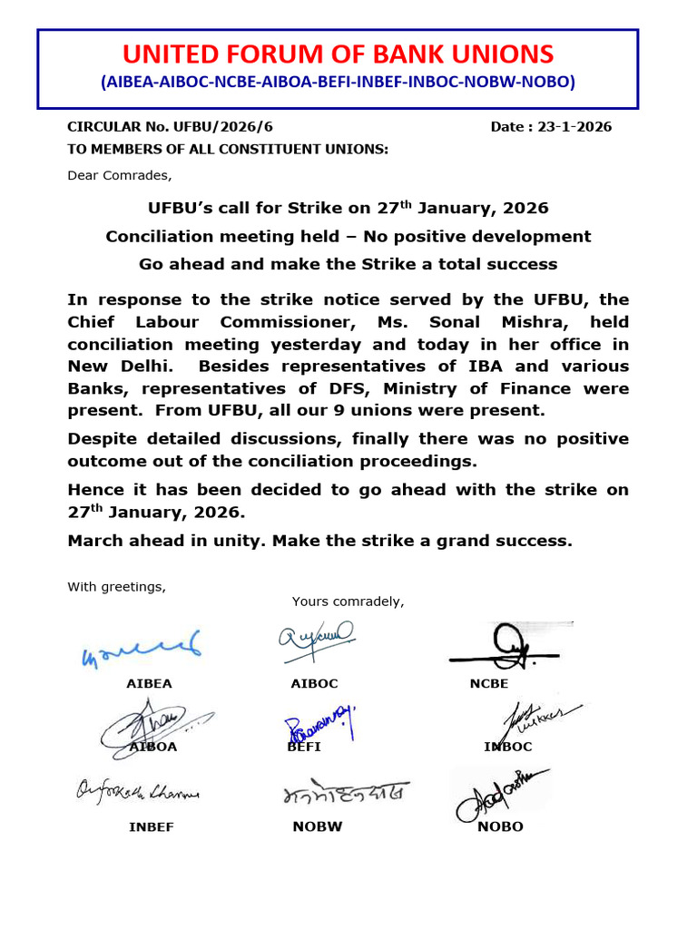 UFBU Strike Announcement for January 2026 | PDF