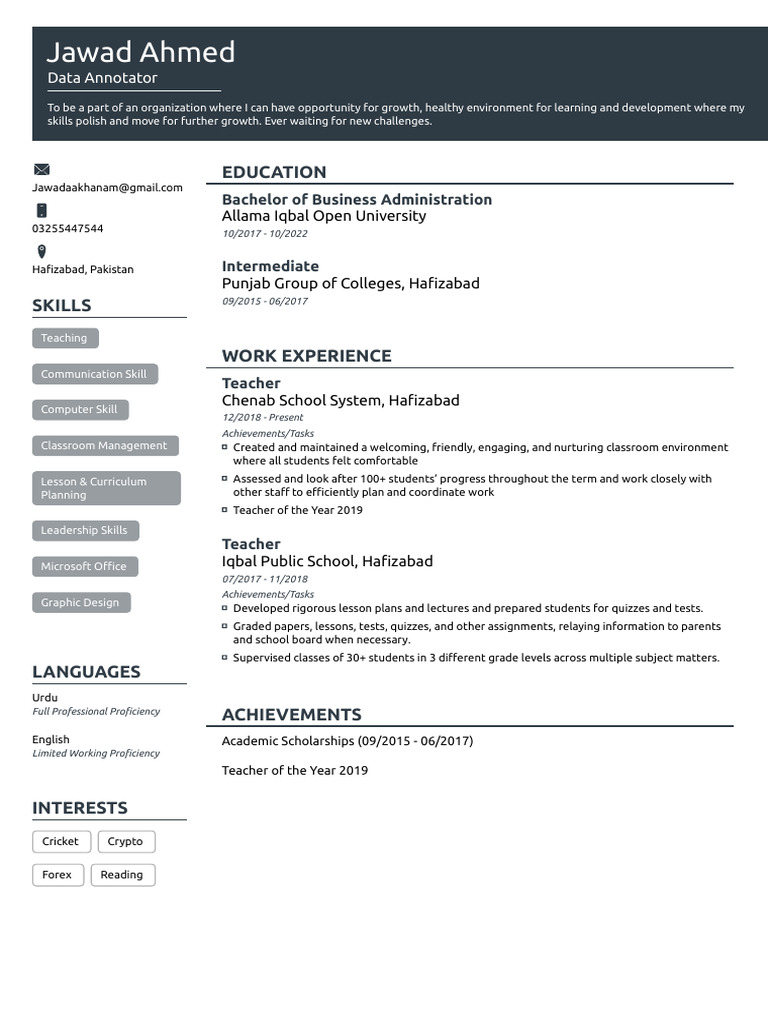 Jawad's Resume | PDF | Teachers | Lesson Plan