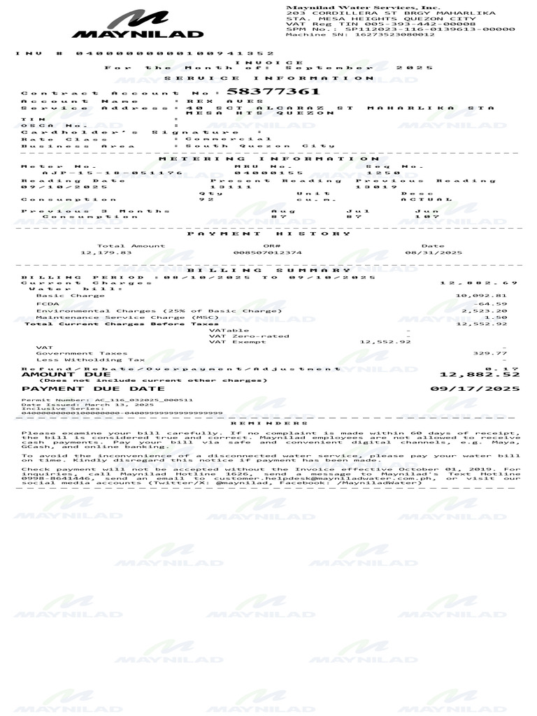 Maynilad Water Invoice September 2025 | PDF