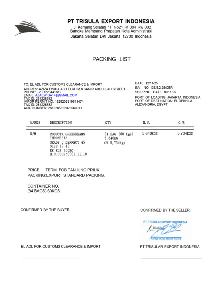 Pt Packing List El Adl Egypt (12 November 2025) | PDF