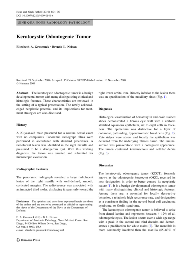 Head Neck Pathol 2010. Keratocystic Odontogenic Tumor.pdf | PDF ...
